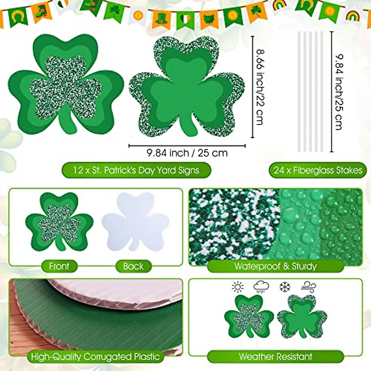 12 Pieces Shamrocks St. Patrick's Day Yard Sign with 24 Stakes Saint Patrick's Day Plastic Ornaments for Outdoor Decorations