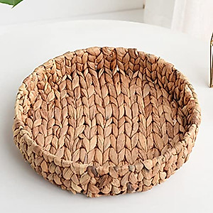 OUNONA Woven Round Fruit Tray Bread Serving Basket Water Hyacinth Storage Baskets Handmade Tabletop Storage Holder Tray Rustic Ottoman Tray for Dinner Breakfast Drinks Snack