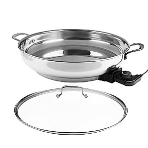 Electric Skillet By Cucina Pro - 18/10 Stainless Steel Frying Pan with Tempered Glass Lid and Handle, 16" Round with Adjustable Temperature Control Probe, Portable, Includes Recipe Guide, Great Gift