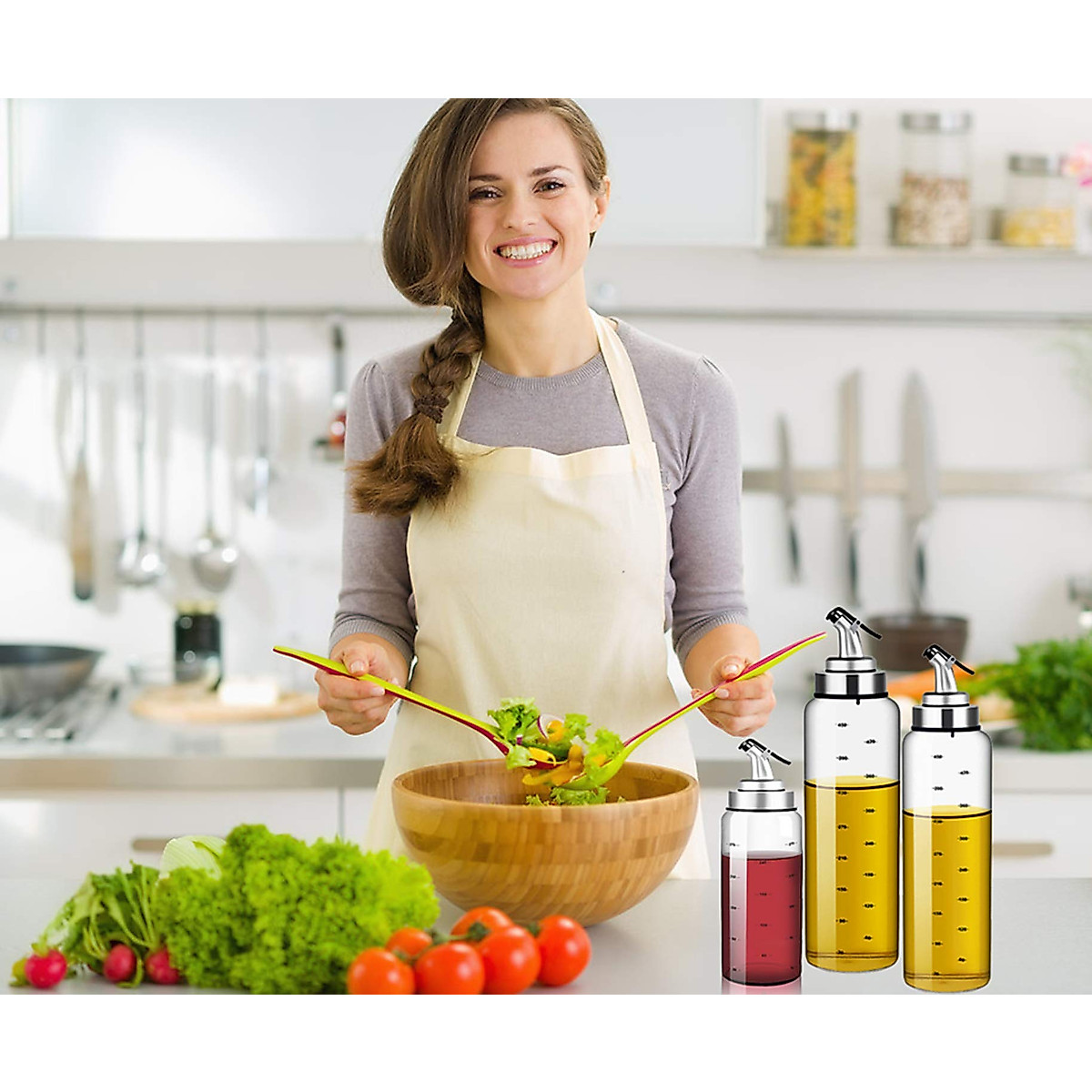 Olive Oil Dispenser Bottle, Liquid Condiment Container, 17 Oz Vinegar Dispensing Cruets With Dripless Capped Spout, Glass Decanter for Kitchen with Degree Scale (17 OZ)