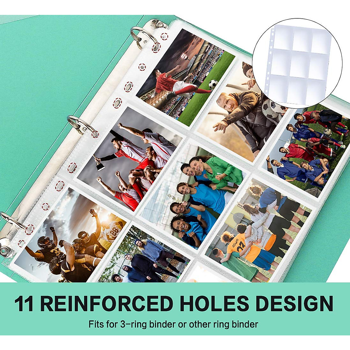 Trading Card Sleeve Pages, PANDRI 100 Pack 9 Pocket Trading Card Storage Album Pages 11 Holes Fit 3 Ring Binder