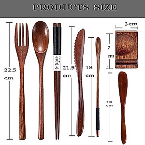 Wooden Utensils for Eating Reusable Wooden Bamboo Cutlery Set with Case 9 Pcs Travel Utensils, Fork and Spoon Set Wood Flatware Set for Eating with Knife Chopsticks Straw
