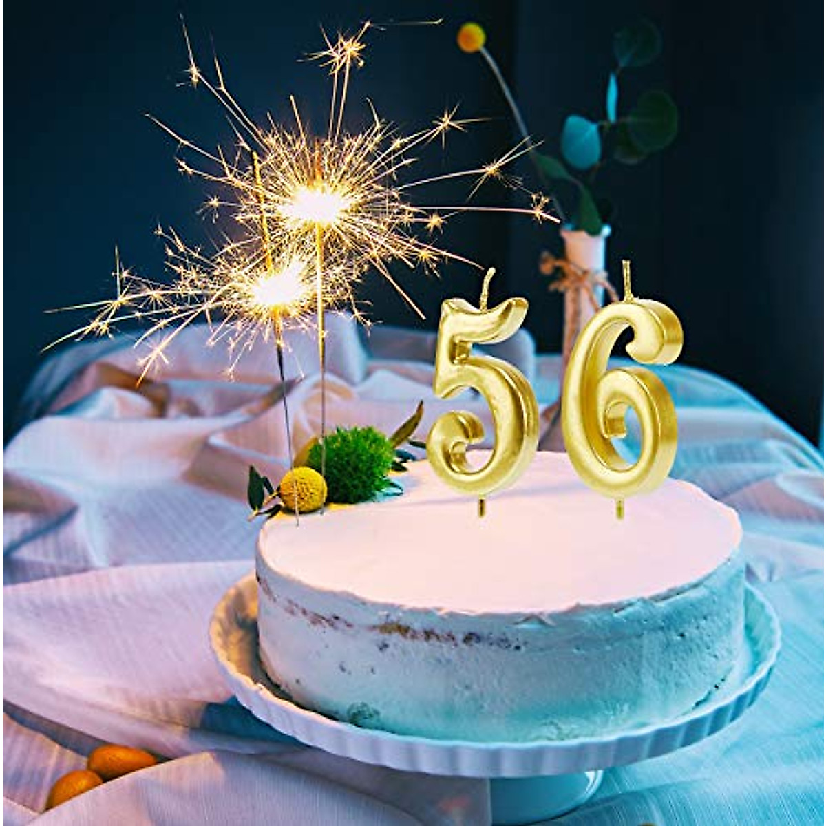 MMJJ Gold 56th Birthday Candles, Number 56 Cake Topper for Birthday Decorations