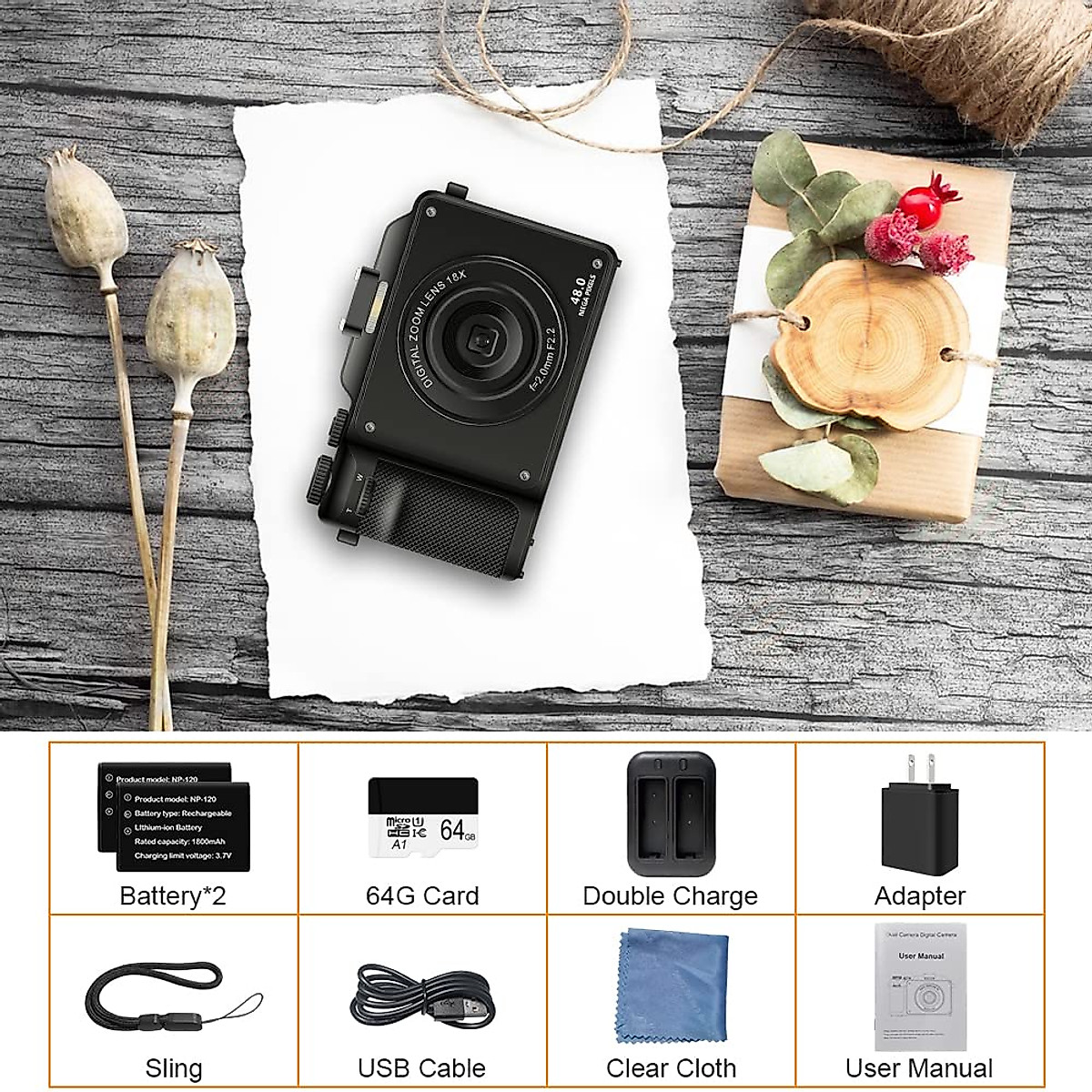 Vlogging Camera 4K 48MP Digital Camera Autofocus Cameras for Photography with 18X Digital Zoom Point and Shoot Camera with 64GB TF Card 4K Digital Camera 2 Batteries and Charger