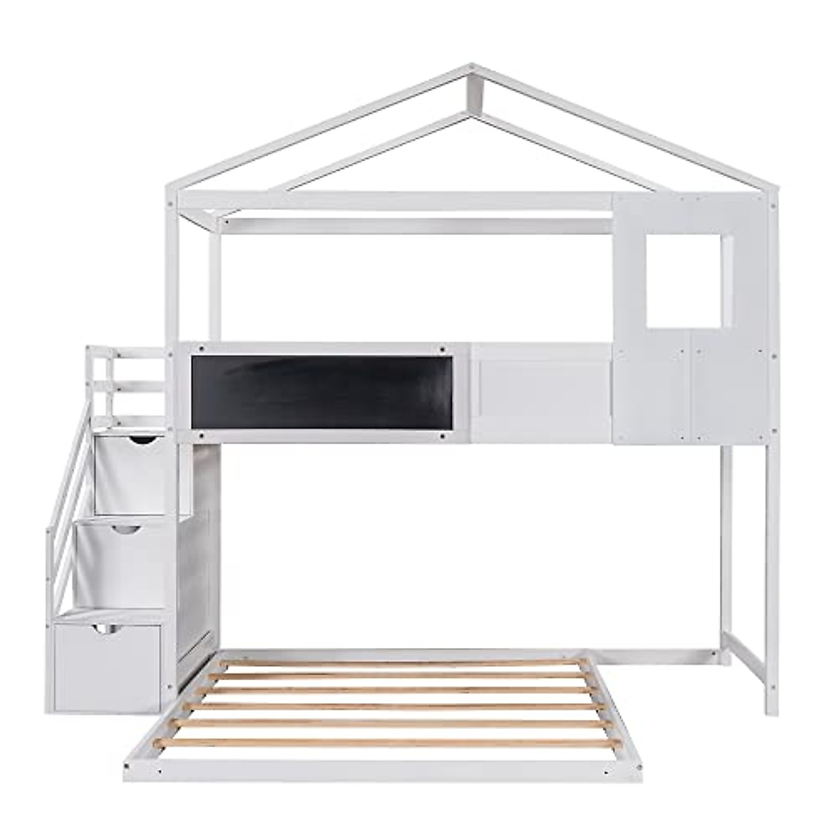DEYOBED Twin Over Full House Shaped Wooden Bunk Bed with Storage Staircase, Shelves and Blackboard for Kids Teens