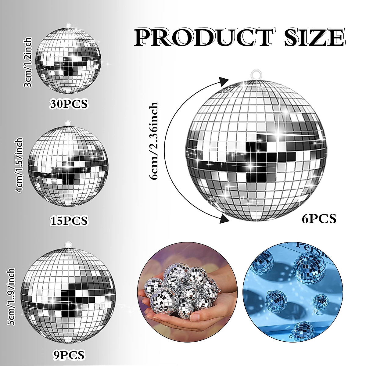 Jspupifip 60 Pcs Mirror Disco Balls Bulk Ornaments Reflective Silver Glass Disco Ball Decorations 70s Disco Themed Party Decor for Graduation Party Decor(1.2 inch,1.57 inch,1.94 inch,2.3 6inch)