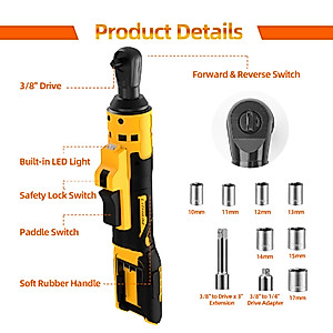 Electric Ratchet, 3/8" 21V Power Cordless Ratchet, with Variable Speed and Trigger Safety Lock, LED Light, 7 Sockets, 1/4" Drive Adapter, 3" Extension Rod(Tool Only, Battery not Included)