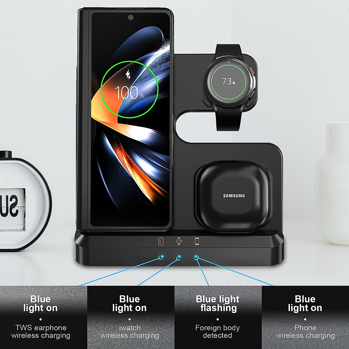 Wireless Charger for Samsung,3 in 1 Fast Wireless Charging Station for Samsung Galaxy S24 S23 Ultra S23 S22 Z Fold5/4 Z Flip5/4,Wireless Watch Charger Galaxy Watch 6 Classic 5pro/4,Galaxy Buds Black
