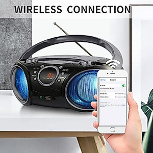 SINGING WOOD CD Boombox Portable/w Bluetooth USB MP3 Player AM/FM Radio AUX Headset Jack LED Backlit (Phantom Black)