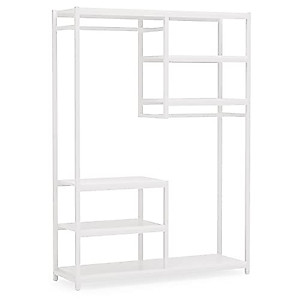 Tribesigns Free-standing Closet Organizer with 2 Hanging Rod, Garment Rack with 5 Storage Shelves for Bedroom (All White)