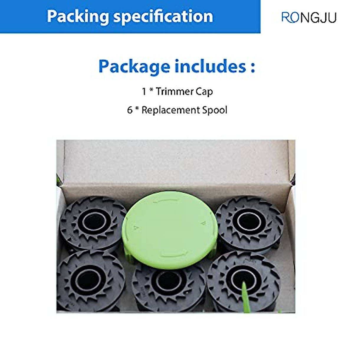RONGJU 6 Pack Weed Eater Spool for Greenworks 21332 21342 24V 40V 80V Trimmer 16ft 0.065” Single Line String Trimmer Replacement Spool 29252 with 3411546A-6 Spool Cap Covers (6 Spools, 1 Cap)