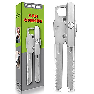 Can Opener Heavy Duty Stainless Steel Manual Can Opener Oversized Easy Turn Knob Sharp Cutting Wheel Good Grips with Built-in Bottle Opener
