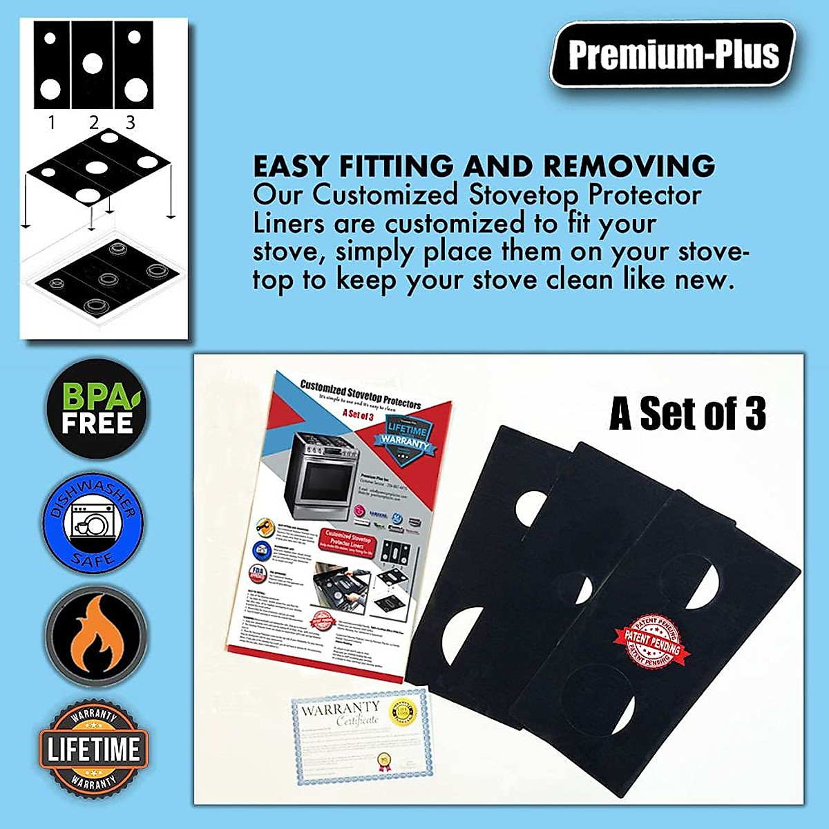 Premium Plus Stove Protectors for Frigidaire Gas Range Model FGGF3036TDA, Custom Cut, Easy to Clean Stove Liner, Made in the USA.