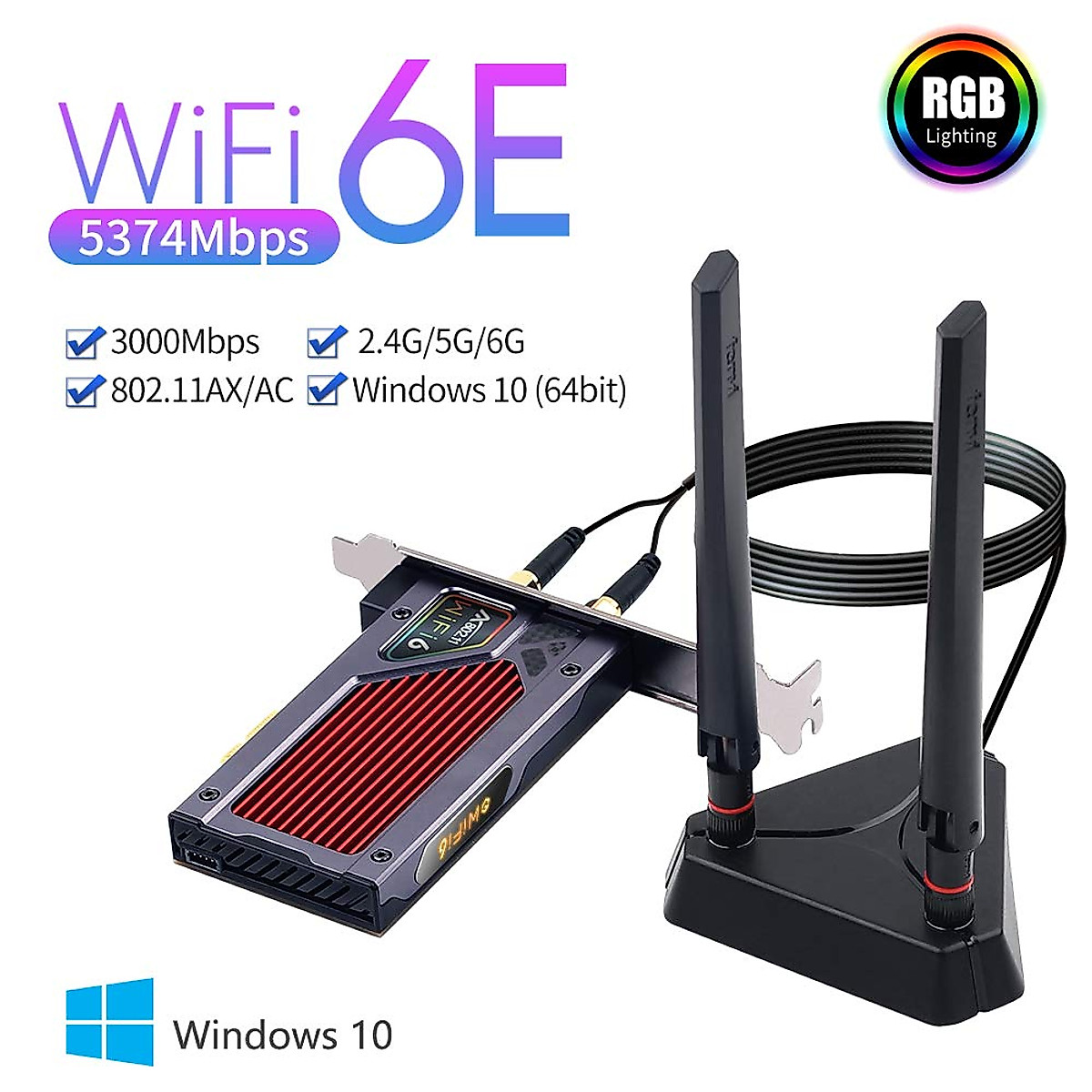 fenvi AX210 WiFi 6E PCI-E WiFi Adapter BT5.2 RGB Gaming 802.11ax ac 160MHz 2.4GHz 5GHz 6GHz Tri-Band 5400Mbps AX210NGW Desktop WiFi Card for PC Windows(Only WiFi 6E Router Antennas Support 6Ghz Band)
