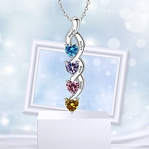 MissNaNa 925 Sterling Silver Personalized Mothers Necklace with Simulated Birthstones Engraved 1-6 Names Custom Love Heart Pendant Family Necklace for Women Mother Grandma Wife