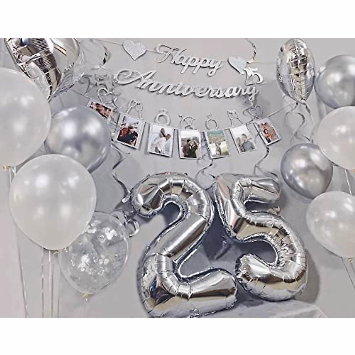 25th Anniversary Decorations Party Supplies Set of Happy Anniversary Photo Banner and Balloons,Hanging Swirls for 25 year Wedding Anniversary decor(silver)