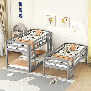 BOVZA Twin Over Twin Over Twin Bunk Bed, Wooden Triple Bunk Bed with Guardrails and Ladders, for Kids and Teens, Gray