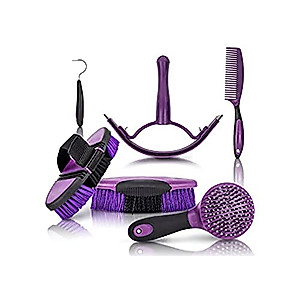7-Piece Horse Grooming Kit with Organizer Tote Bag, Tack Room Supplies Set with Assorted Hair and Curry Brushes, Hoof Pick, and Sweat Scraper, Great Groomer Gift, Horse Riders, Beginner, Advanced, Purple OR Blue Avail