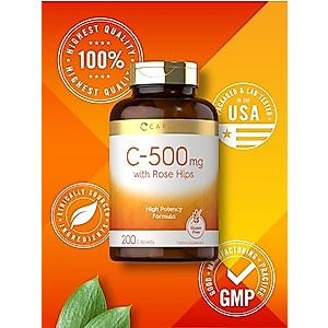 Carlyle Vitamin C with Rose Hips 500mg | 200 Caplets | High Potency Formula | Vegetarian, Non-GMO and Gluten Free Supplement