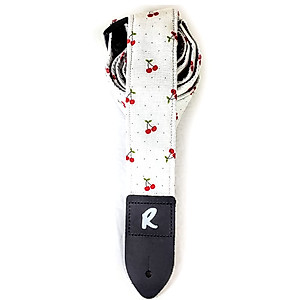 Cherry Guitar Strap, Cherries on White, Genuine Leather Ends, Includes 2 Strap Locks & 1 Pick. Adjustable Strap, Pick Pocket, For Bass, Electric & Acoustic Guitars Gift for Guitar Players, Women & Kid