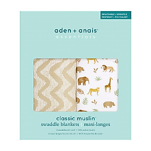 aden + anais Essentials Swaddle Blanket, Muslin Blankets for Girls & Boys, Baby Receiving Swaddles, Newborn Gifts, Infant Shower Items, 2 Pack, Tanzania