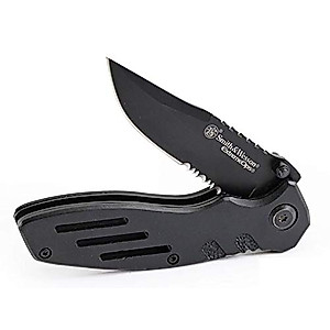 Smith & Wesson Extreme Ops SWA24S 7.1in S.S. Folding Knife with 3.1in Serrated Clip Point Blade and Aluminum Handle for Outdoor, Tactical, Survival and EDC,Black