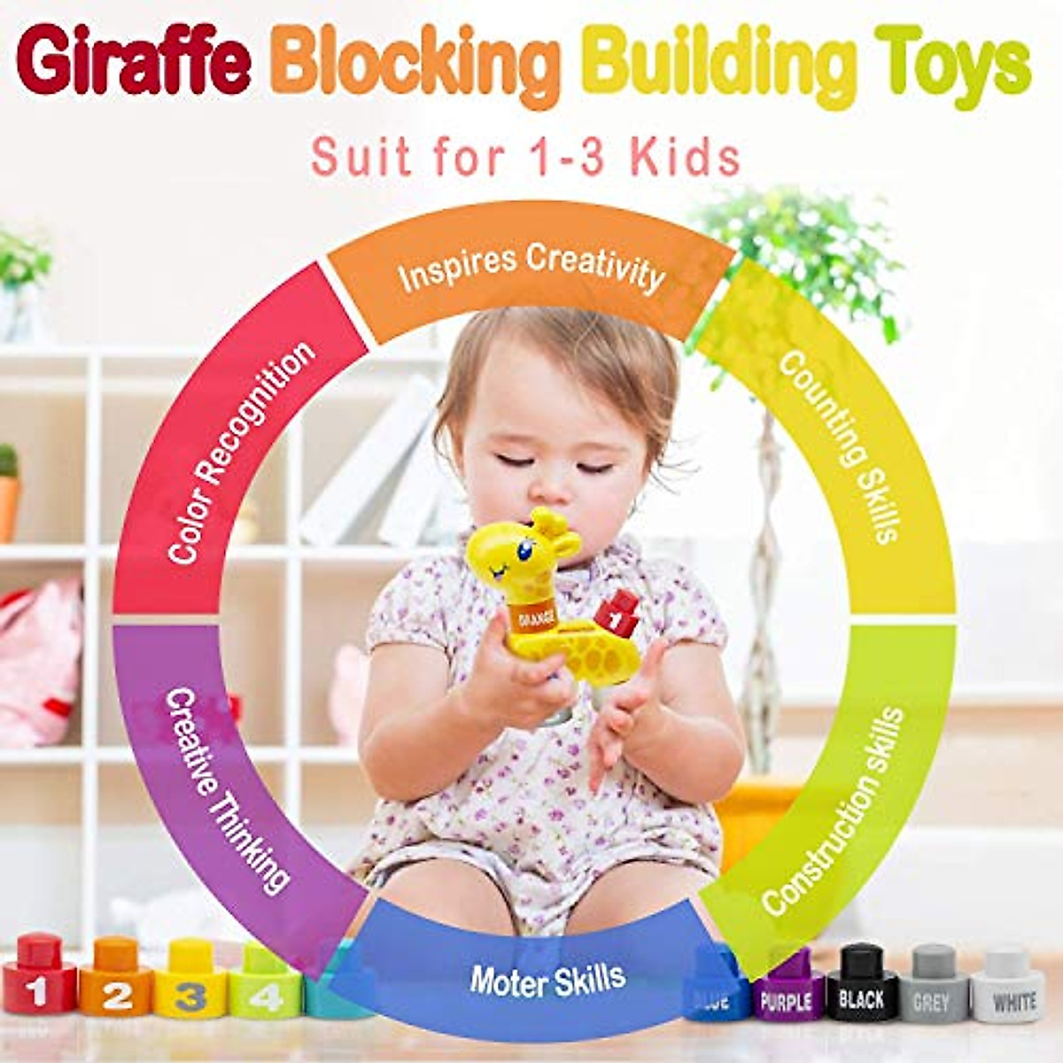 MOONTOY Giraffe Baby Blocks Building Blocks Baby Stacking Toys for Toddlers 1-3, Montessori Toys for 1 2 3 Year Old Girl Boy Kids Birthday Gift, Number Color Count Educational Baby & Toddler STEM Toys