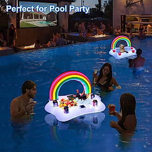 FirstE Inflatable Rainbow Cloud Drink Holder with Lights, Solar Powered Floating Beverage Salad Fruit Serving Bar Pool Float Lights Party Accessories, Floating Bar Cup Holder for Water Fun 2PC