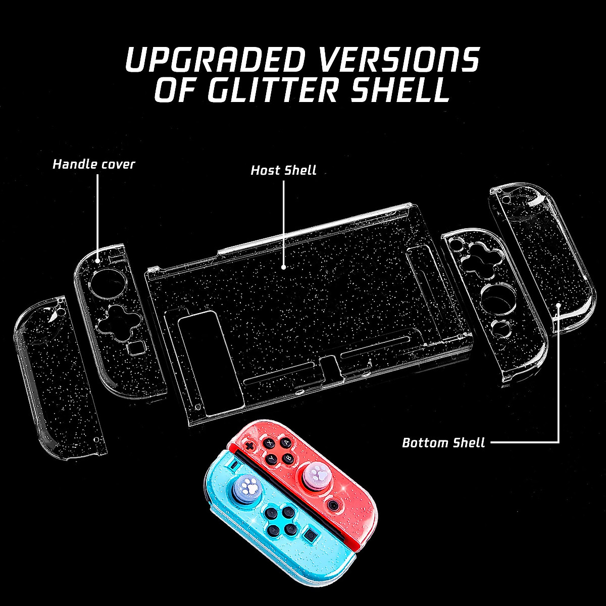 FANPL Glitter Clear Case for Nintendo Switch, Hard Shell Dockable Protective Case Cover for Switch and Joy Con Controller with 2 Bling Thumb Grips (Transparent)