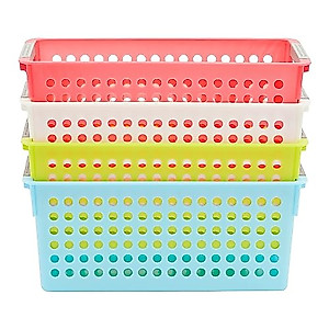 Farmlyn Creek 4 Pack Plastic Baskets with Handles, Narrow Storage Bins for Organizing, Kitchen and Laundry Shelves, Small Nesting Containers (4 Colors, 11.5 x 5 x 5 inch)