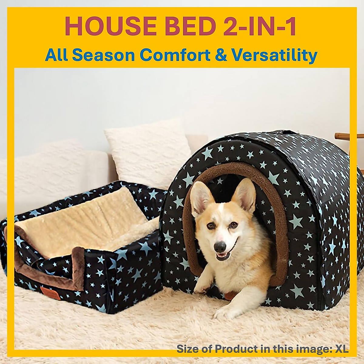 2 in 1 Extra Large Pet Winter House Convertible to Bed with Warm Cushion Mat, 2 Way Indoor Outdoor Portable Dog Kennel, Removable Washable Cover (XL Starry Sky)