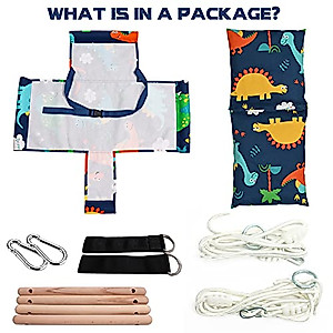 Nuewec Baby Canvas Swing Seat with Soft Cotton Cushions, Hanging Indoor Swing for Outdoor and Indoor for Toddler Boys and Girls, Carabiners and Straps, Mounting Hardware Included (Dinosaur Design)