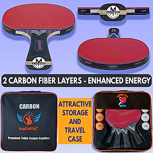 MaxMVMT Ping Pong Paddle Set of 4 - Carbon Fiber 7 Ply Rackets - 2 Wristbands - 8 Balls - 1 Rubber Cleaner Sponge - Premium ITTF Approved Rubber - Complete 4 Player Table Tennis Setup - Carry Case