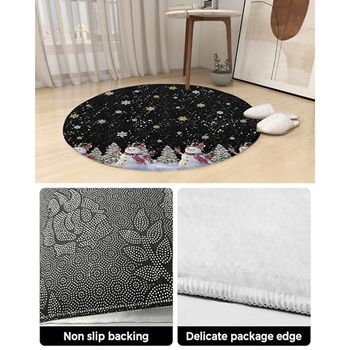 Christmas Black Fluffy Round Area Rug Carpets 3ft, Plush Shaggy Carpet Soft Circular Rugs, Non-Slip Fuzzy Accent Floor Mat for Living Room Bedroom Nursery Home Decor Snowman Gold Snowflake Xmas Tree