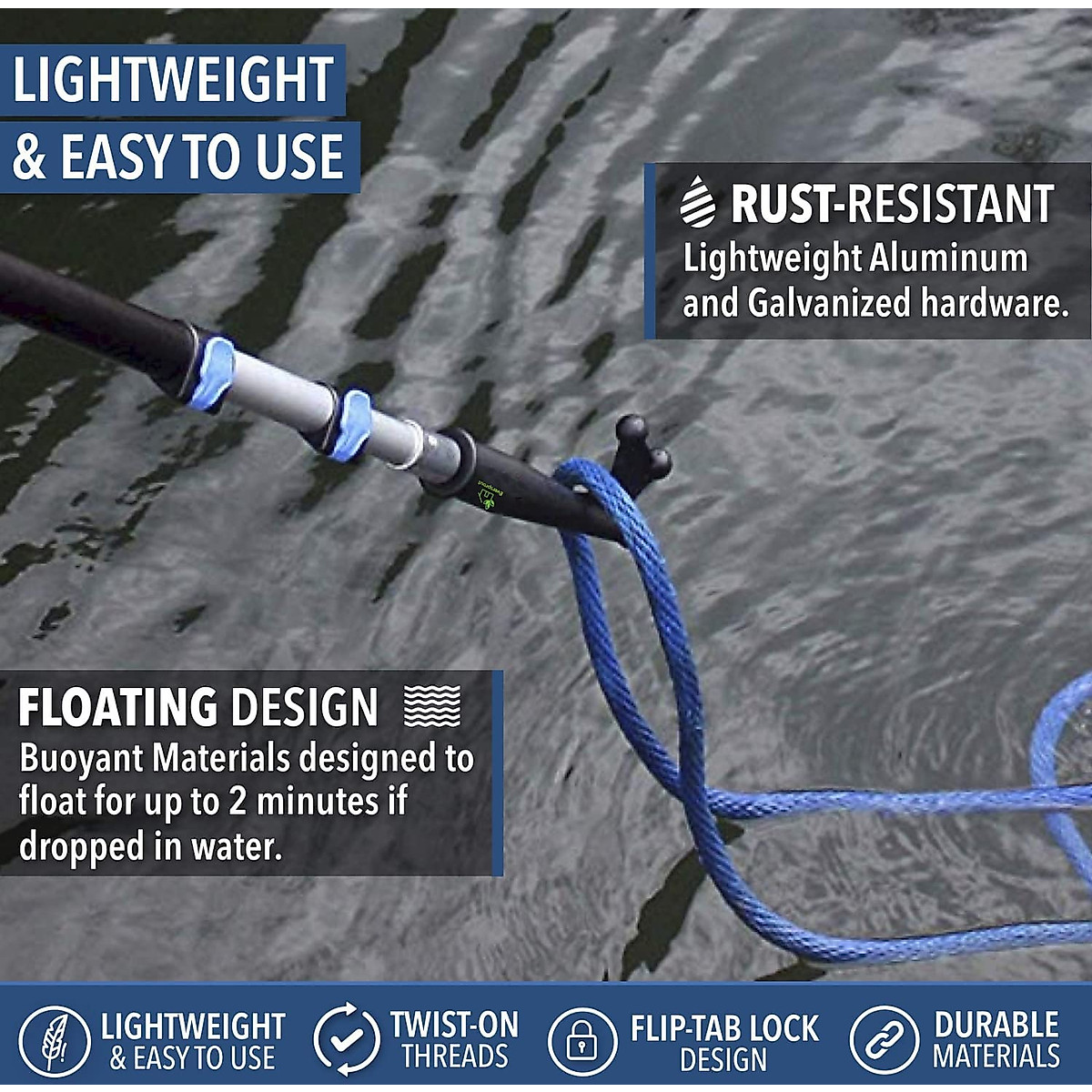 EVERSPROUT Telescoping Boat Hook | Floats, Scratch-Resistant, Sturdy Design | Durable & Lightweight, 3-Stage Anodized Aluminum Pole | Threaded End for Boating Accessories