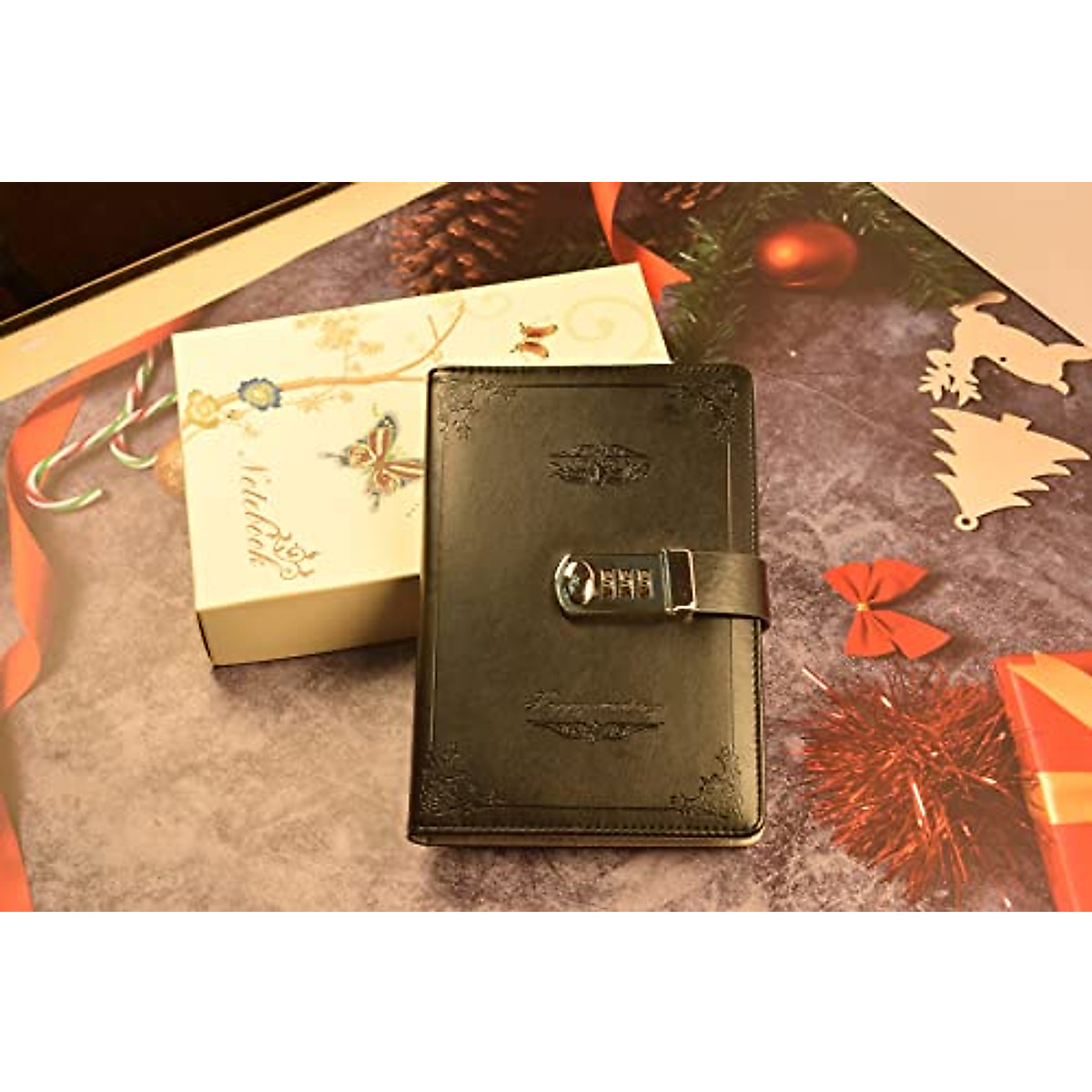 JunShop Digital Password Journal with Lock Retro Privacy Diary with Combination Lock Leather Binder Notebook Locking Journal Diary (Black)