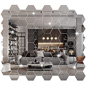 72 Pieces Hexagon Mirror Stickers for Walls Removable 3D Hexagon Acrylic Mirror Wall Decal Aesthetic Sticky Mirror Decorative for Bedroom Living Room Decor DIY, Silver (3.94 x 3.43 x 1.97 Inch)