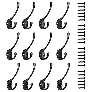 Miukada 12 Pack Dual Coat Hook, Heavy Duty Wall Mounted Hooks, Rustic Double Hooks for Coat, Scarf, Bag, Towel, Key, Cap, Cup, Hat(Black Color, Screws Included)