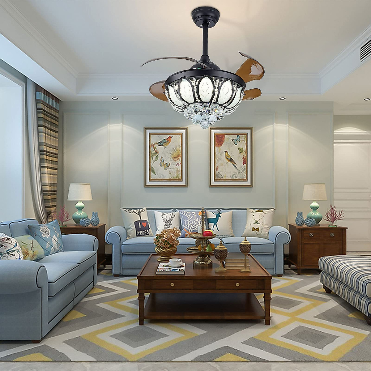 DYRABREST Invisible Ceiling Fan with Retractable Blades and Remote Control 36inch Ceiling Fan Light Covers Crystal Chandelier Fan Light Bladeless Ceiling Fan for Livingroom Bedroom Home (36 inch)