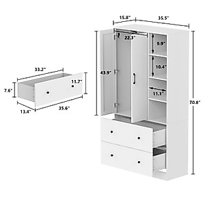Hitow 2 Door Wardrobe Armoire Closet with Mirror, 35.5" W Wooden Wardrobe Cabinet with Hanging Rod & 2 Drawers, Bedroom Armoire Dresser Wardrobe Clothes Organizer, White