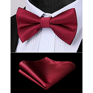 HISDERN Bow Ties for Men Burgundy Pre-Tie Bow Tie and Pocket Square Set Adjustable Solid Color Bow Tie Classic Men's Tuxedo Bowtie for Wedding Party