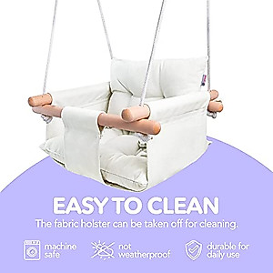 CaTeam - Canvas Baby Swing, Wooden Hanging Swing Seat Chair with Safety Belt, Durable Baby Swing Chair, Outdoor and Indoor Swing for Kids, Mounting Hardware Included, Ivory
