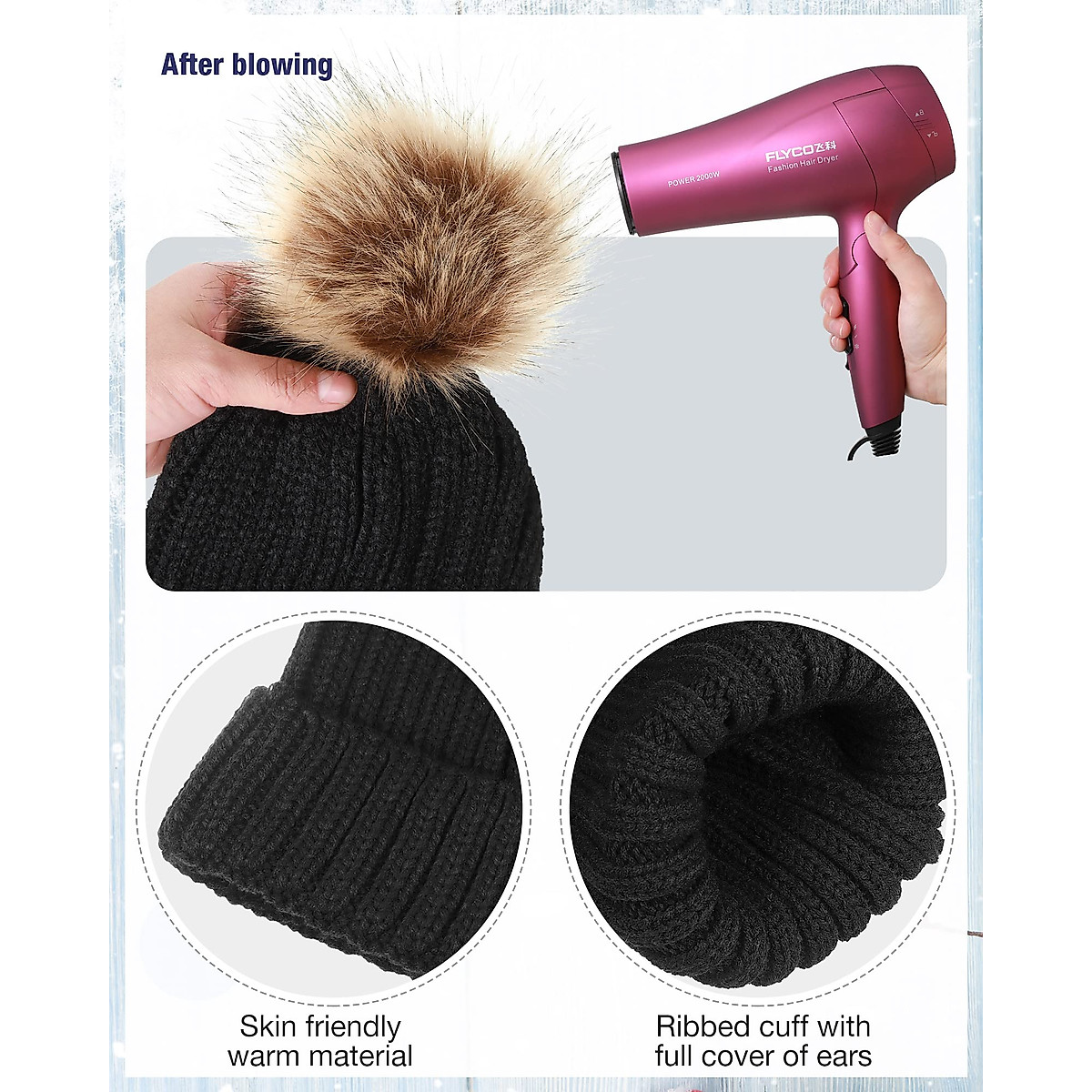 6 Pieces Women Knitted Winter Hat Glove Set Skull Cap Beanie Touchscreen Gloves Texting Gloves for Women (Black, White, Grey)