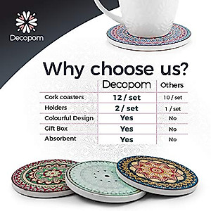 Decopom Drink Coasters Stone Mandala with Holders - 12 Pack Cute Cool Drink Coasters Absorbent Ceramic Round Edge with Cork Base and 2 Black Iron Holders for Apartment Table Bar Mugs Glasses Cup Beer