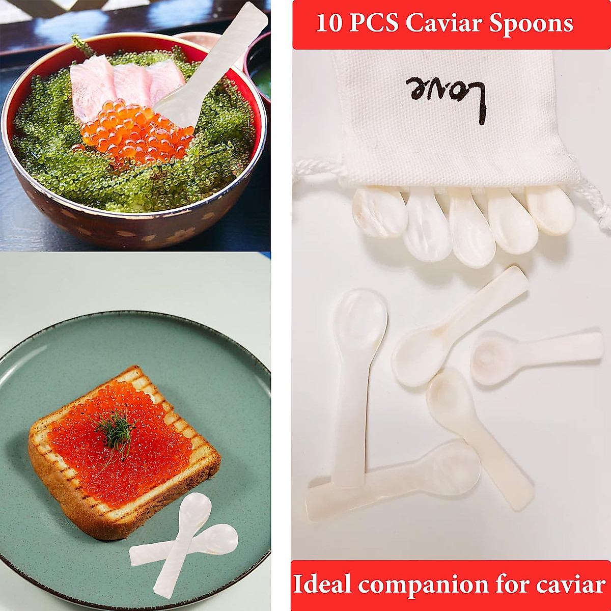 PETIT MANON 10PCS Caviar Spoons Mother Of Pearl Caviar Spoons W Round Handle, Handmade Pearl Spoon Shell Spoon for Caviar, Egg, Coffee, Ice Cream, Restaurant Serving (White,2.87 Inch)