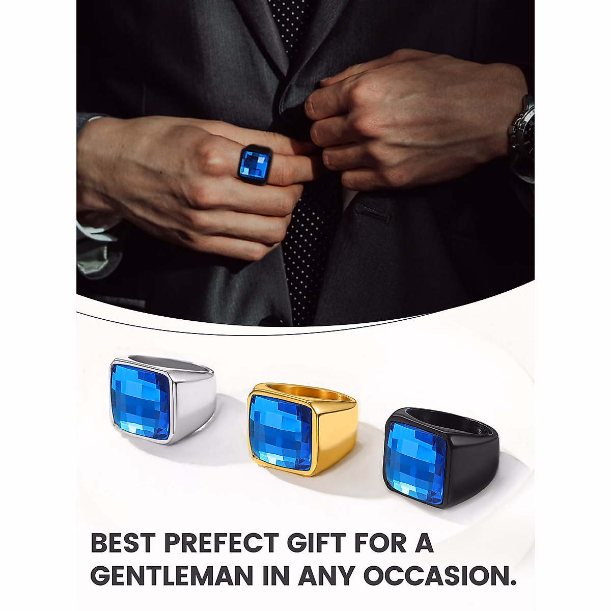 KeyStyle Blue Sapphire Large Rings For Men, Diamond Cut Created Stone Signet Rings Size 12