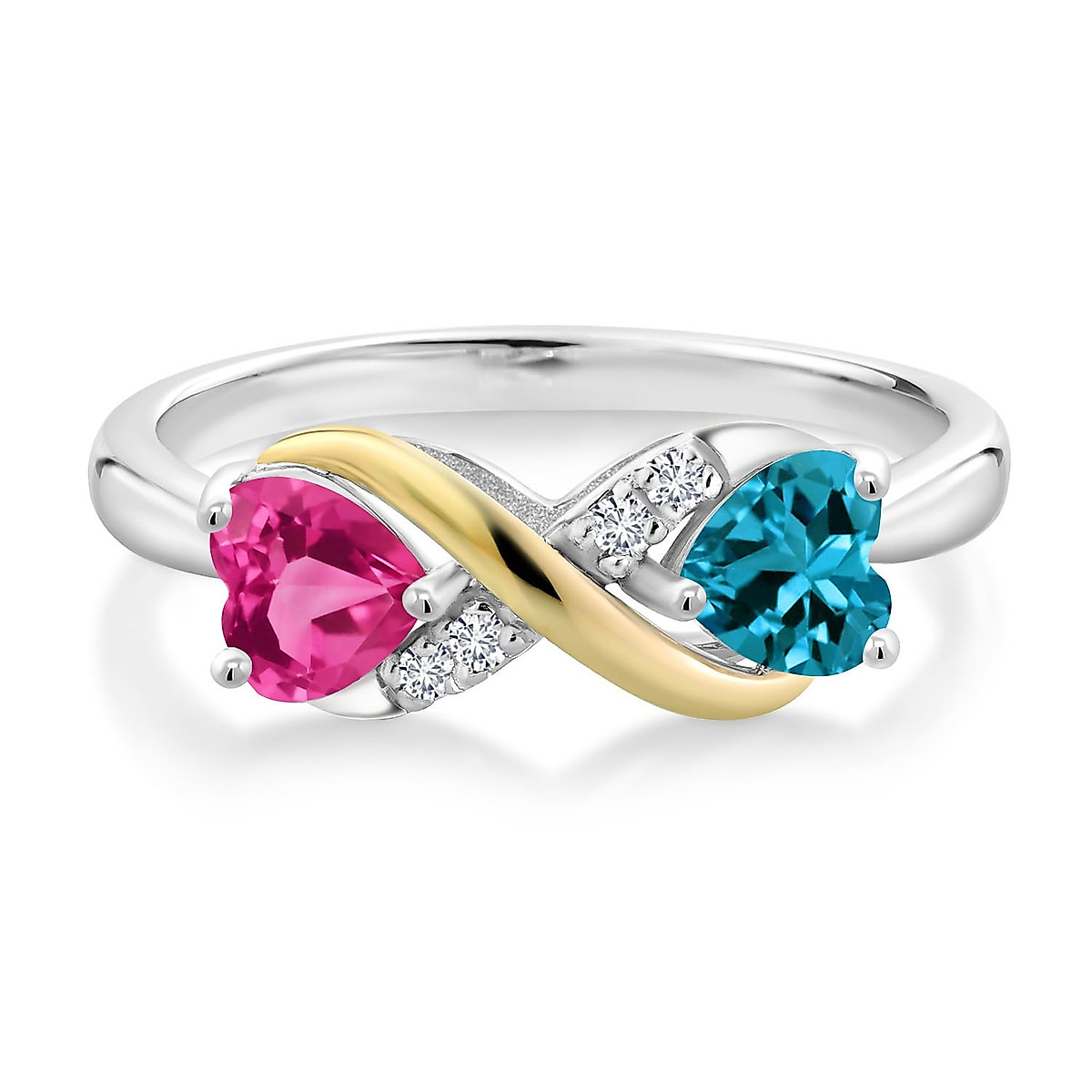 Gem Stone King 925 Sterling Silver and 10K Yellow Gold Pink Created Sapphire London Blue Topaz and White Lab Grown Diamond Women Ring (1.19 Cttw, Available In Size 5, 6, 7, 8, 9)