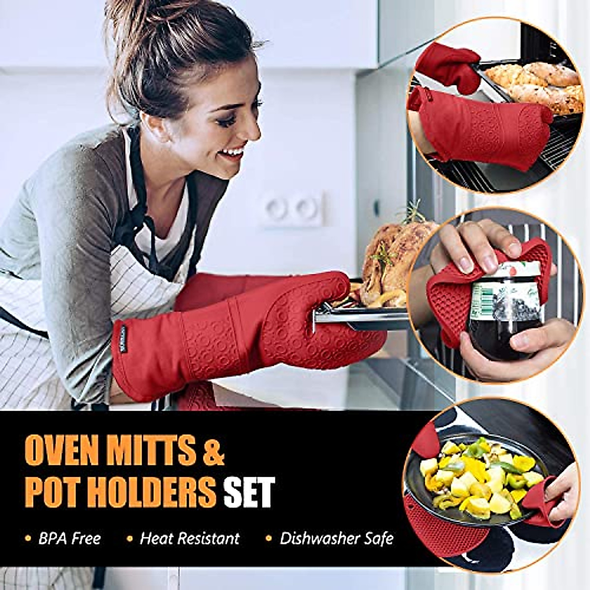 Rorecay Extra Long Oven Mitts and Pot Holders Sets: Heat Resistant Silicone Oven Mittens with Mini Oven Gloves and Hot Pads Potholders for Kitchen Baking Cooking, Quilted Liner, Red, Pack of 6