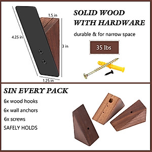 6 Pack Wall Coat Hook Rack Black Walnut Wood Metal Decorative Wall Hooks Backpack Hanger Wall Mounted Wood Towel Rack Rustic Wooden Heavy Duty Hooks for Wall Hanging Coats Hats Bags