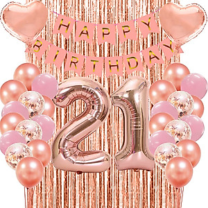 NIUBER 21st Birthday Decorations For Women,21 Birthday Decorations with Rose Gold Balloons, Happy Birthday Banner,Backdrop and Confetti Balloons